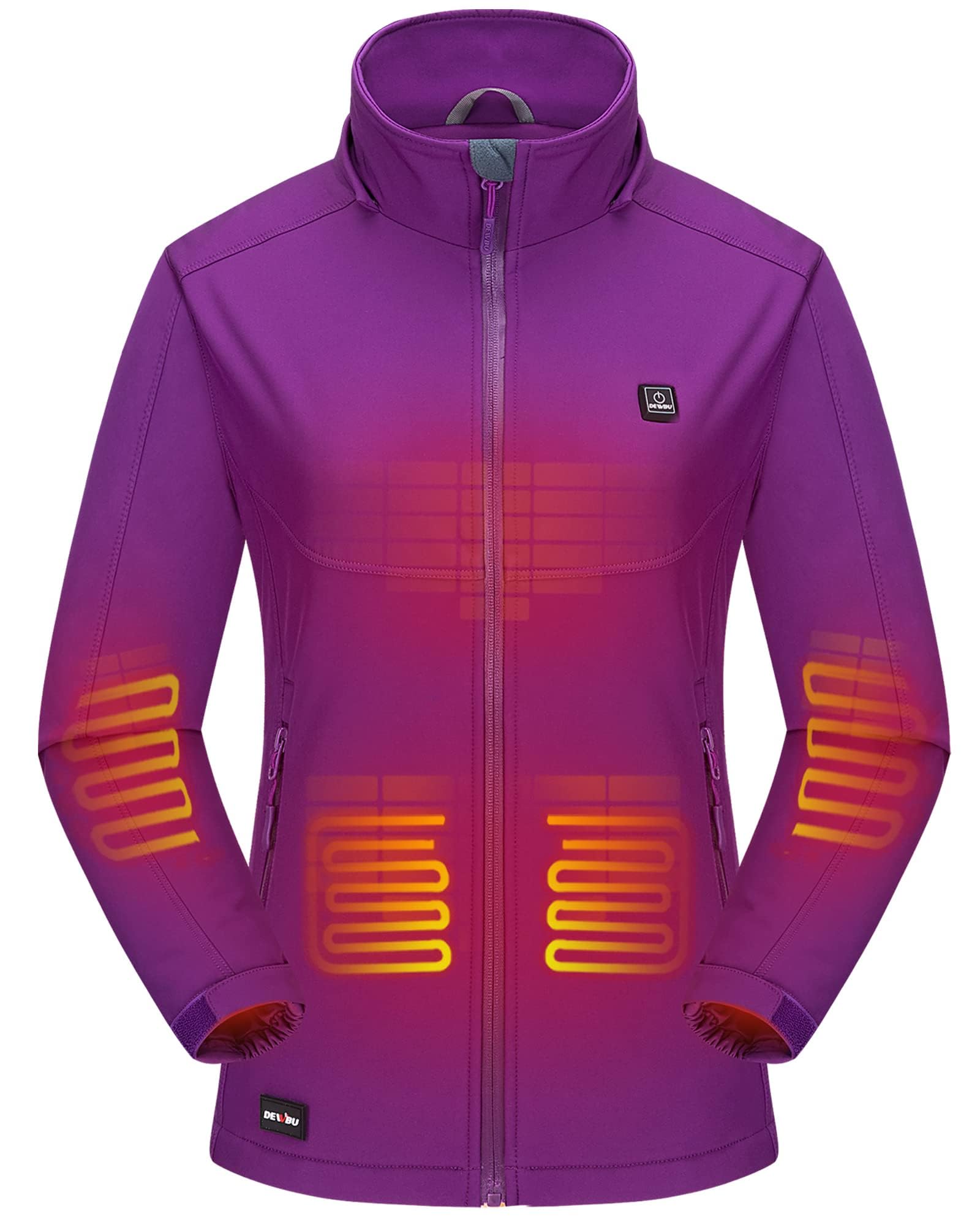 DEWBU Soft Shell Heated Jacket for Women with 12V Battery Pack and Detachable Hood Outdoor Electric Heating Coat, Purple, XL