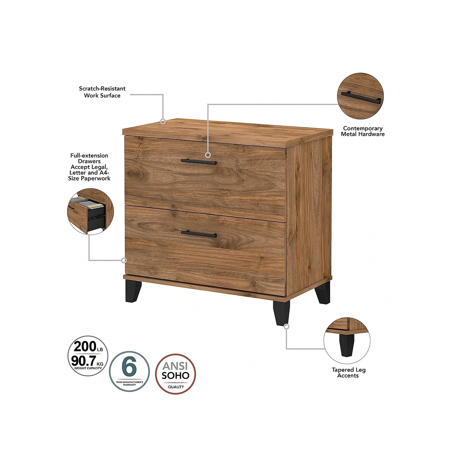 Bush Furniture 2 Drawer Lateral File Cabinet, Letter and Legal-Size Document Storage for Home or Professional Office, Somerset Collection, Fresh Walnut