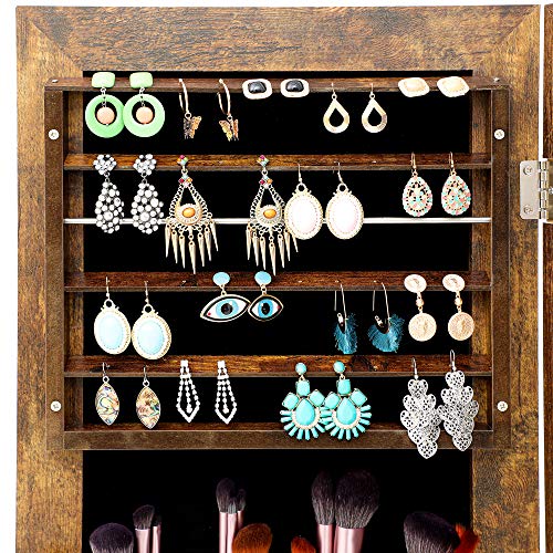 Knocbel 6 LED Jewelry Cabinet Full Body Mirror Lockable Jewelry Armoire Standing Angel Adjustable Storage Organizer Box with Inner Mirror & 2 Drawers, 15.75" L x 15" W x 61.42" H (Antique)