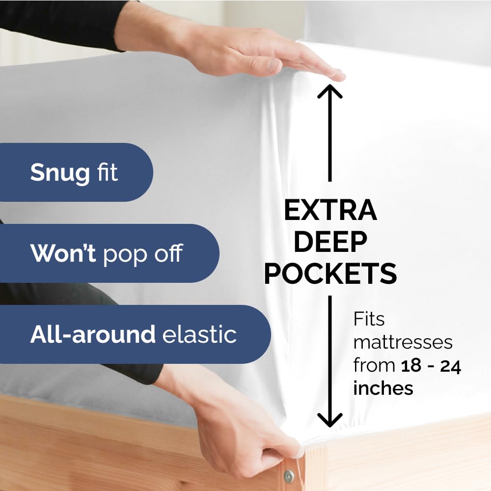 Extra Deep Queen 400 Thread Count Cotton Fitted Sheet - Hotel Luxury Single Fitted Sheet Only - Easily Fits 18" to 24" Mattress - Soft, Wrinkle Free, Breathable and Comfy - Extra Deep Pockets - White