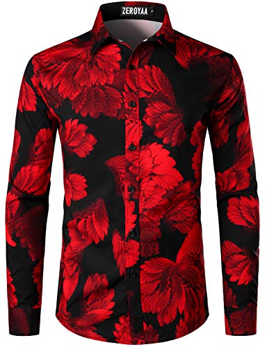 ZEROYAA Men's Hipster Urban Design 3D Printed Slim Fit Long Sleeve Button Up Dress Shirts ZLCL30-Red XX-Large