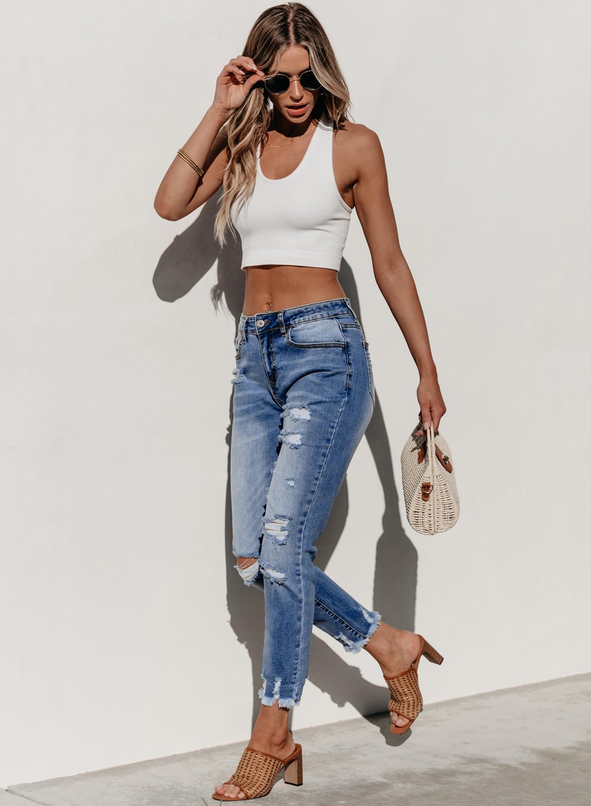 Sidefeel Women's Distressed Raw Hem Boyfriend Jeans Ripped Straight Leg Denim Pants Sky Blue Size 16