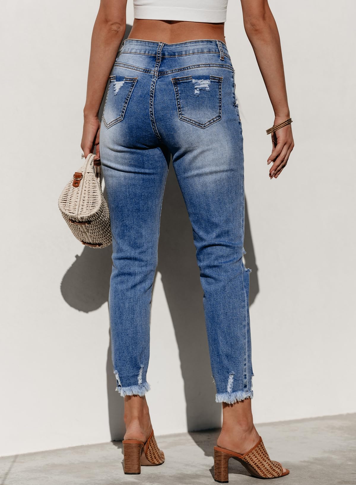 Sidefeel Women's Distressed Raw Hem Boyfriend Jeans Ripped Straight Leg Denim Pants Sky Blue Size 16