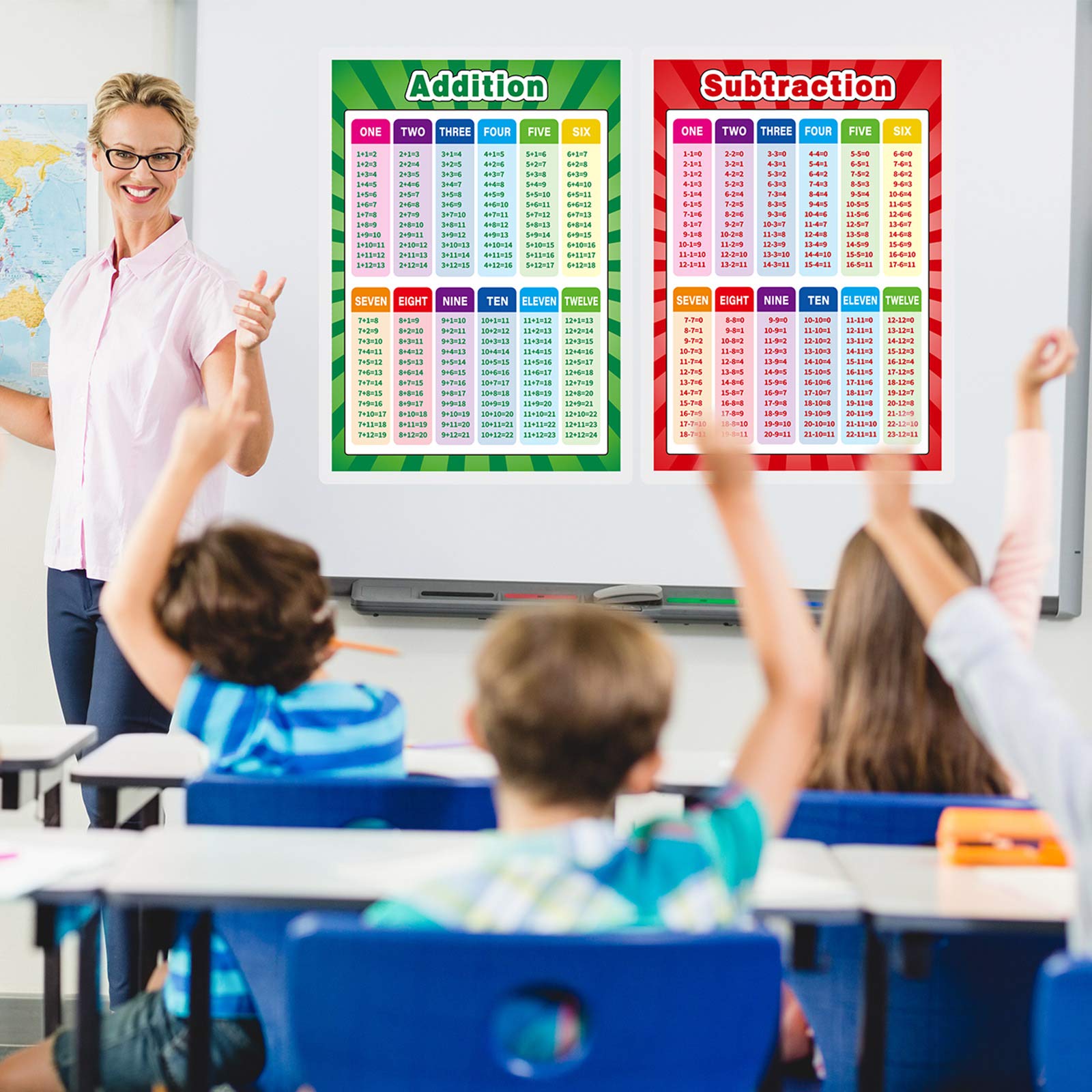 Outus Educational Math Posters Fully Laminated Educational Poster Addition and Subtraction Learning Charts for Elementary School Classroom Preschool Kids Learning(2 Pieces,Mixed Style)