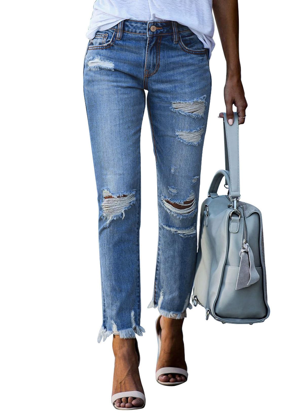 Sidefeel Women's Distressed Raw Hem Boyfriend Jeans Ripped Straight Leg Denim Pants Sky Blue Size 16