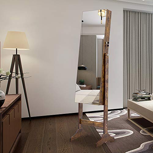 Knocbel 6 LED Jewelry Cabinet Full Body Mirror Lockable Jewelry Armoire Standing Angel Adjustable Storage Organizer Box with Inner Mirror & 2 Drawers, 15.75" L x 15" W x 61.42" H (Antique)