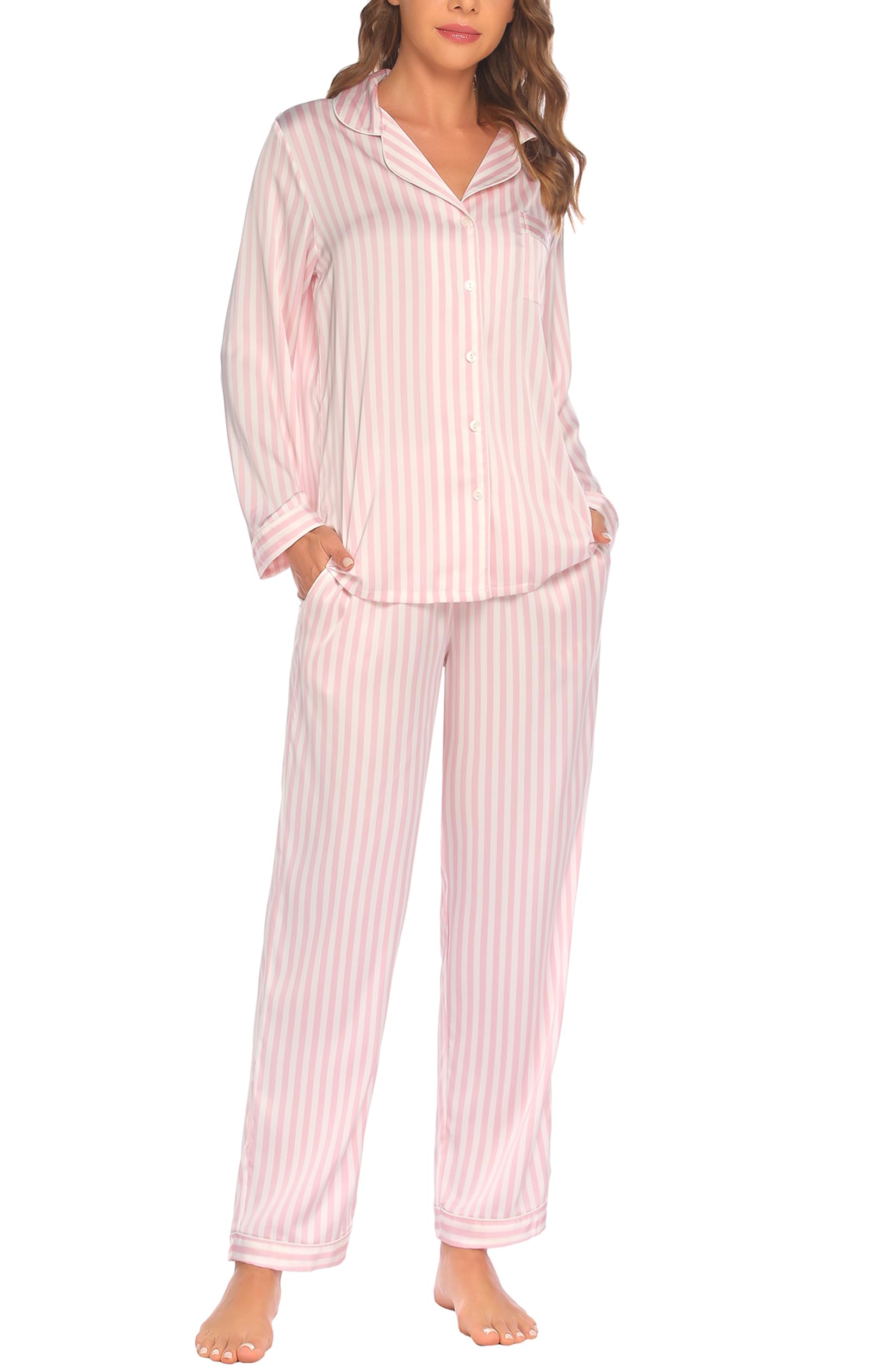 Ekouaer Silk Satin Pajamas Women's Long Sleeve Pj Set Soft Button Down 2 Piece Sleepwear Loungewear Pink Striped,M