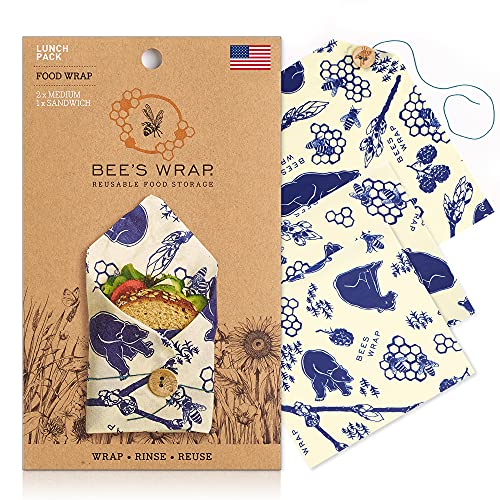 Bee's Wrap - Lunch Pack - Made in the US - Beeswax Food Wrap - Bees and Bears Print - 3 Pieces (Sandwich Wrap, 2 Medium Food Wraps)