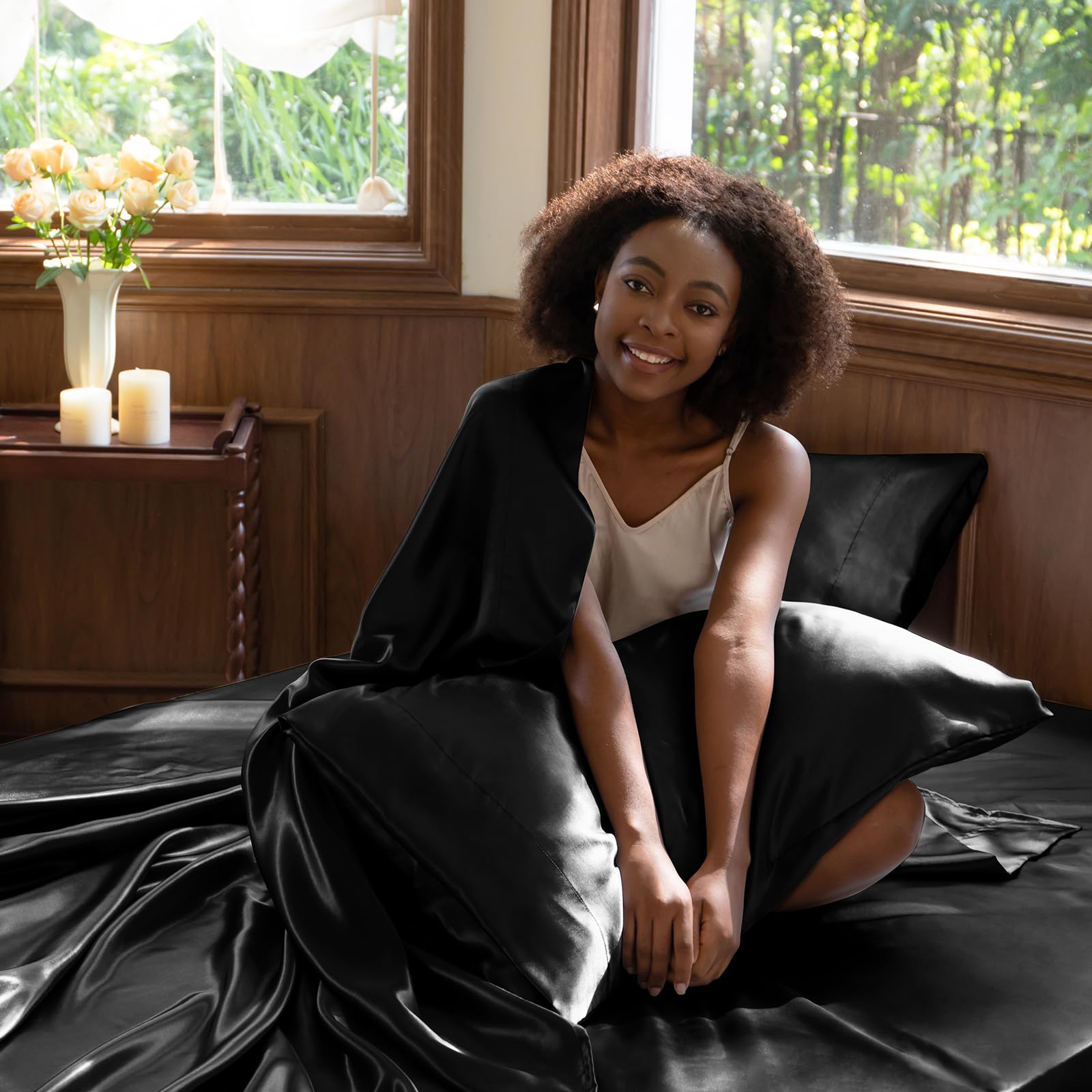 CozyLux Satin Sheets Full Size - 4 Piece Black Bed Sheet Set with Silky Microfiber, 1 Deep Pocket Fitted Sheet, 1 Flat Sheet, and 2 Pillowcases - Smooth and Soft