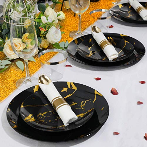 BUCLA 30Guests New Year Plates - Black And Gold Plastic Plates With Disposable Prewrapped Silverware Bulk And Gold Cups- Marble Design Disposable Plastic Dinnerware-Ideal For Thanksgiving and New Year