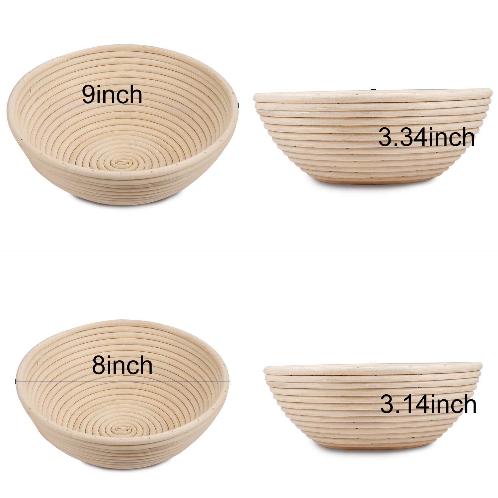 Round Bread Proofing Basket Set of 2, 8" and 9" Natural Rattan Banneton Round Sourdough Baking Bowls with Multi Baking Tools for Professional and Home Bakers