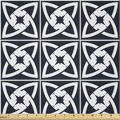 Lunarable Vintage Fabric by The Yard, Composition of Celtic Knot Inspired Motifs in Checkered Square Design, Microfiber Fabric for Arts and Crafts Textiles & Decor, 2 Yards, Charcoal Grey and White