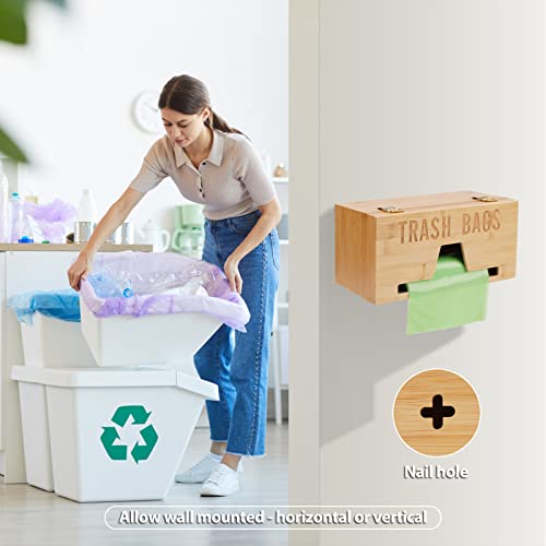 Trash Bag Dispenser For Plastic Bags, Garbage Bag Organizer Roll Holder Under Sink, Bamboo Wall Mounted Trash Bag Organizer for Cabinet Kitchen Countertop - Standard