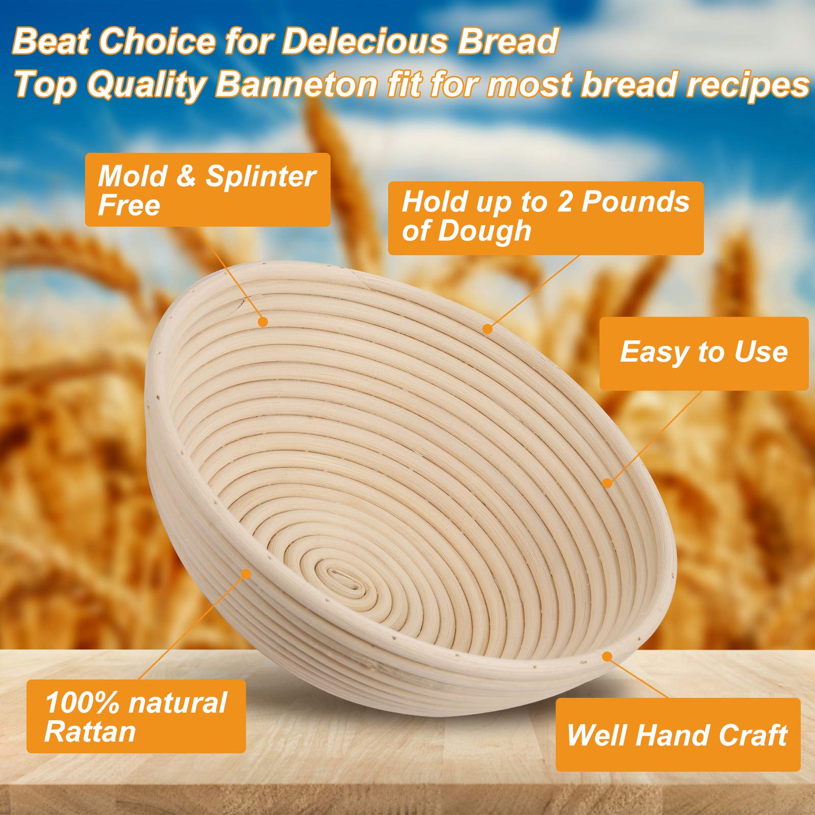 Round Bread Proofing Basket Set of 2, 8" and 9" Natural Rattan Banneton Round Sourdough Baking Bowls with Multi Baking Tools for Professional and Home Bakers