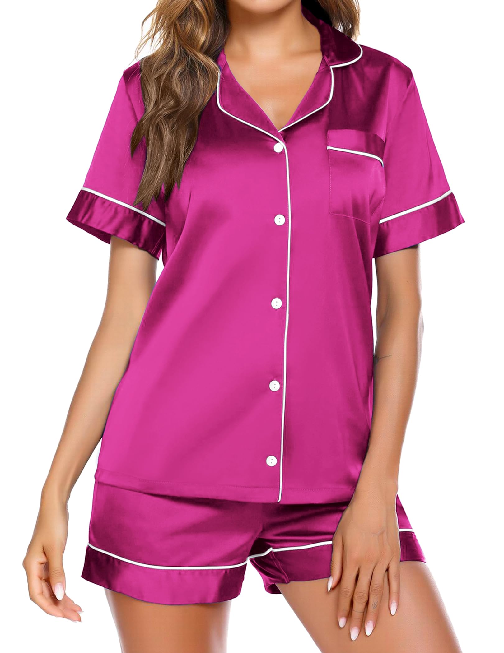 Ekouaer Satin Pajamas for Women Button Down Sleepwear Soft Silk Loungewear Short Sleeve Top and Shorts Pjs Pitaya Purple,X-Large