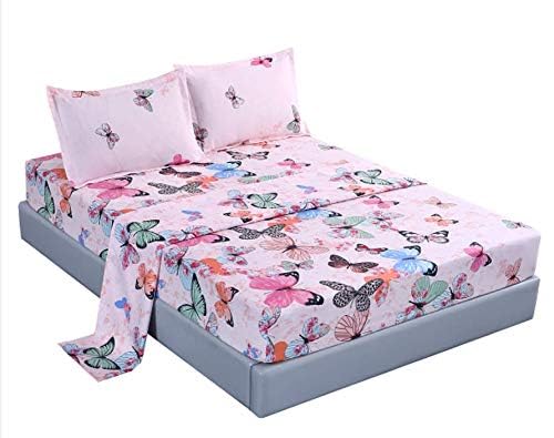 MAG 4PCS Full Size Butterfly Bedding Sheet Set, Home Microfiber Bed Sheet, with1 Top Flat & 1 Fitted Sheet with 2 Pillowcases, 14 Inches Deep, Full
