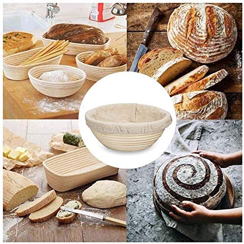 Sumshy Proofing Basket Round 25 x 8 cm Wicker Proofing Basket for 1000 g Bread Dough Lined Including Linen Inserts