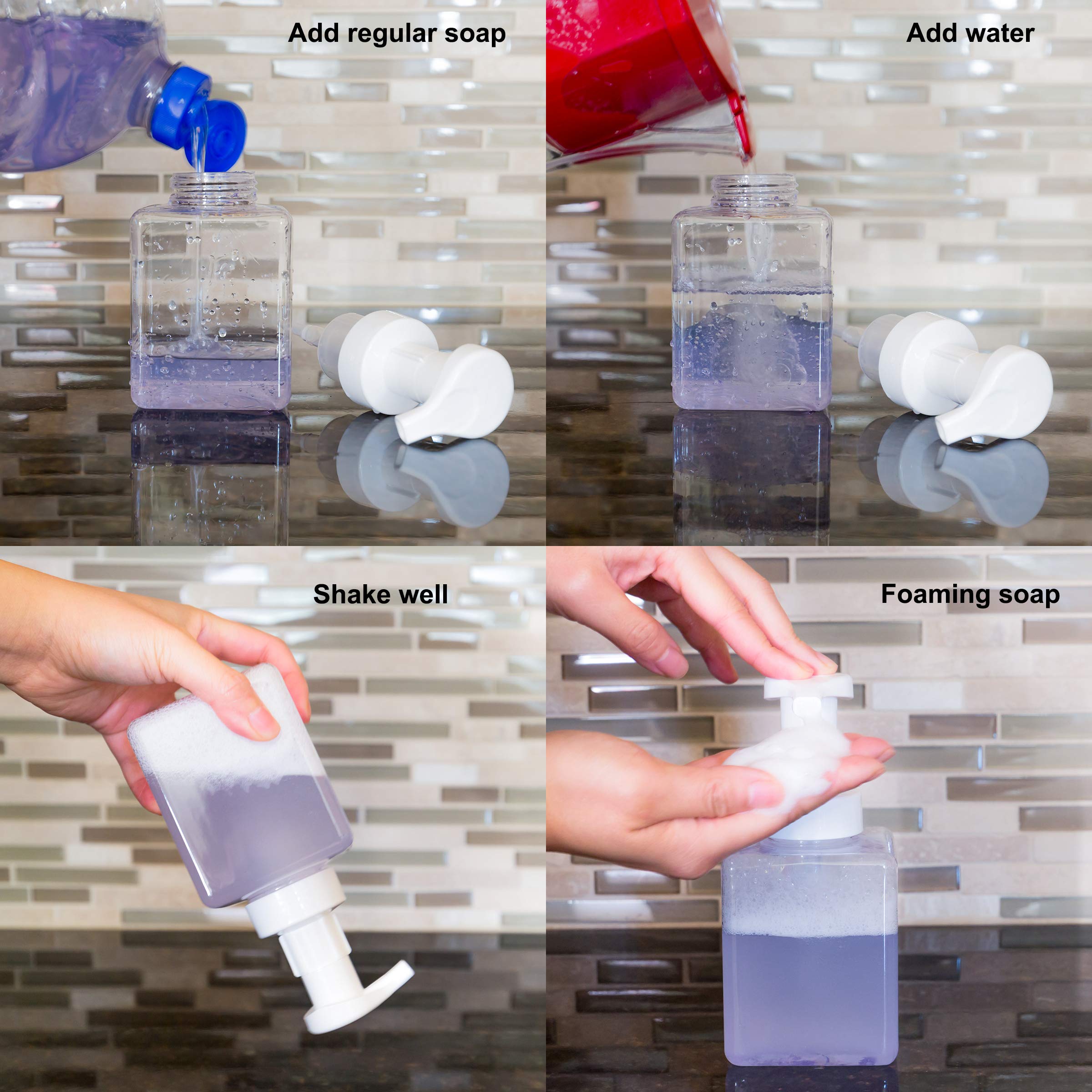 Youngever 4 Pack Clear Plastic Square Pump Bottles, Refillable Plastic Pump Bottles with Travel Lock (12 Ounce)