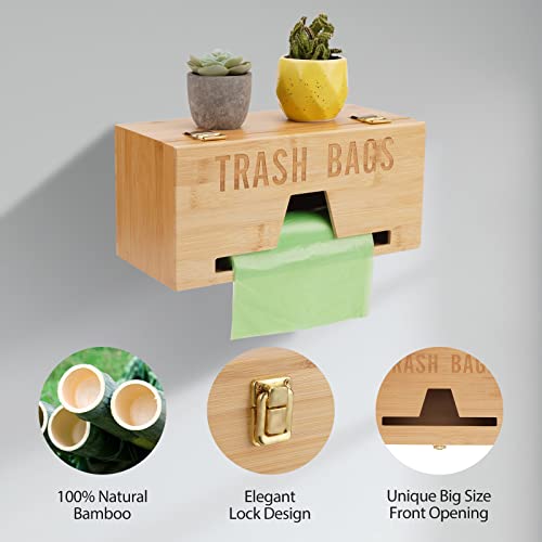 Trash Bag Dispenser For Plastic Bags, Garbage Bag Organizer Roll Holder Under Sink, Bamboo Wall Mounted Trash Bag Organizer for Cabinet Kitchen Countertop - Standard