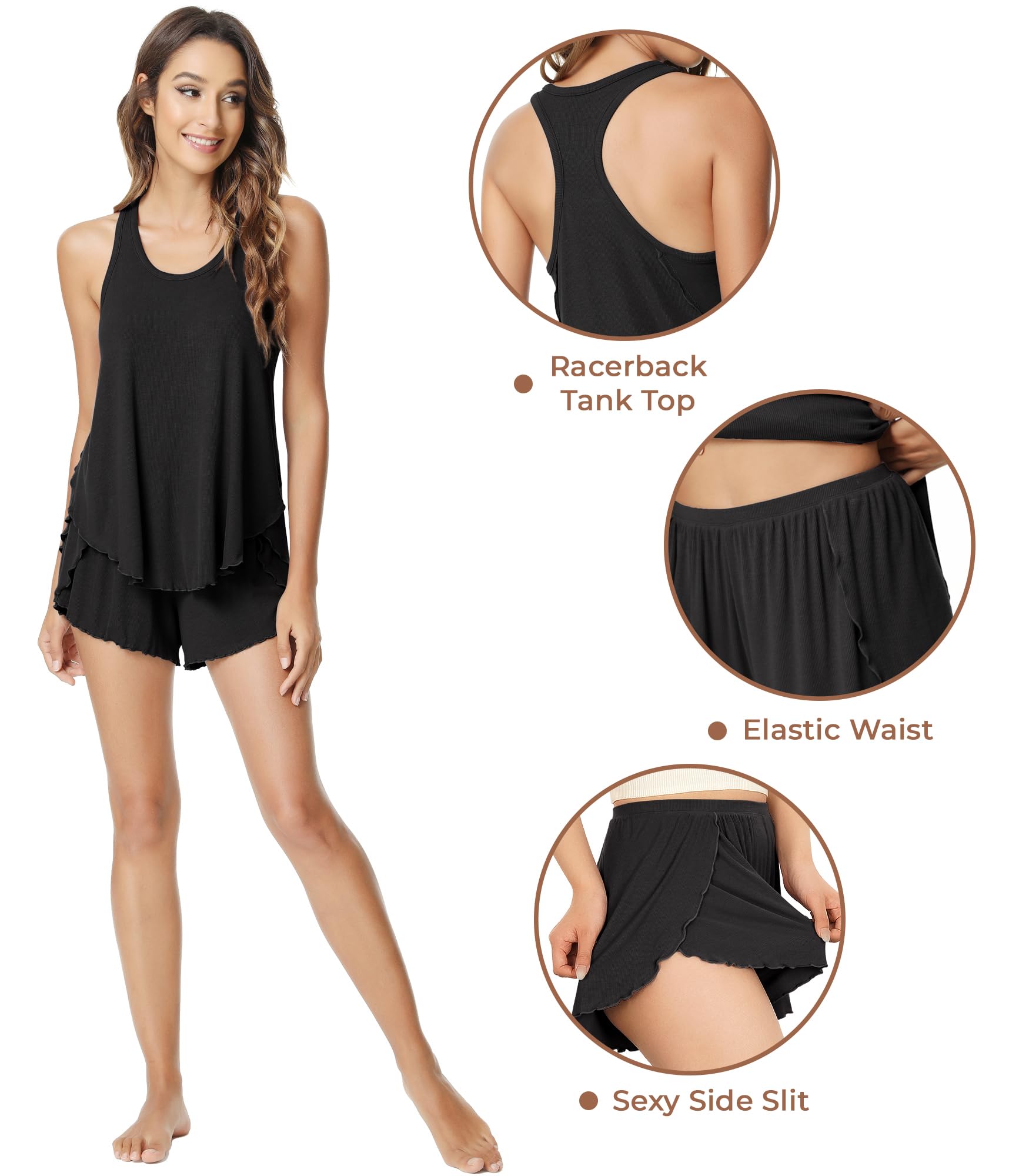 NACHILA Pajamas for Women-Viscose Made from Bamboo,Ribbed Racerback Tank Top and Shorts Pajama Sets Sleeveless Sleep Cami Pj Black S