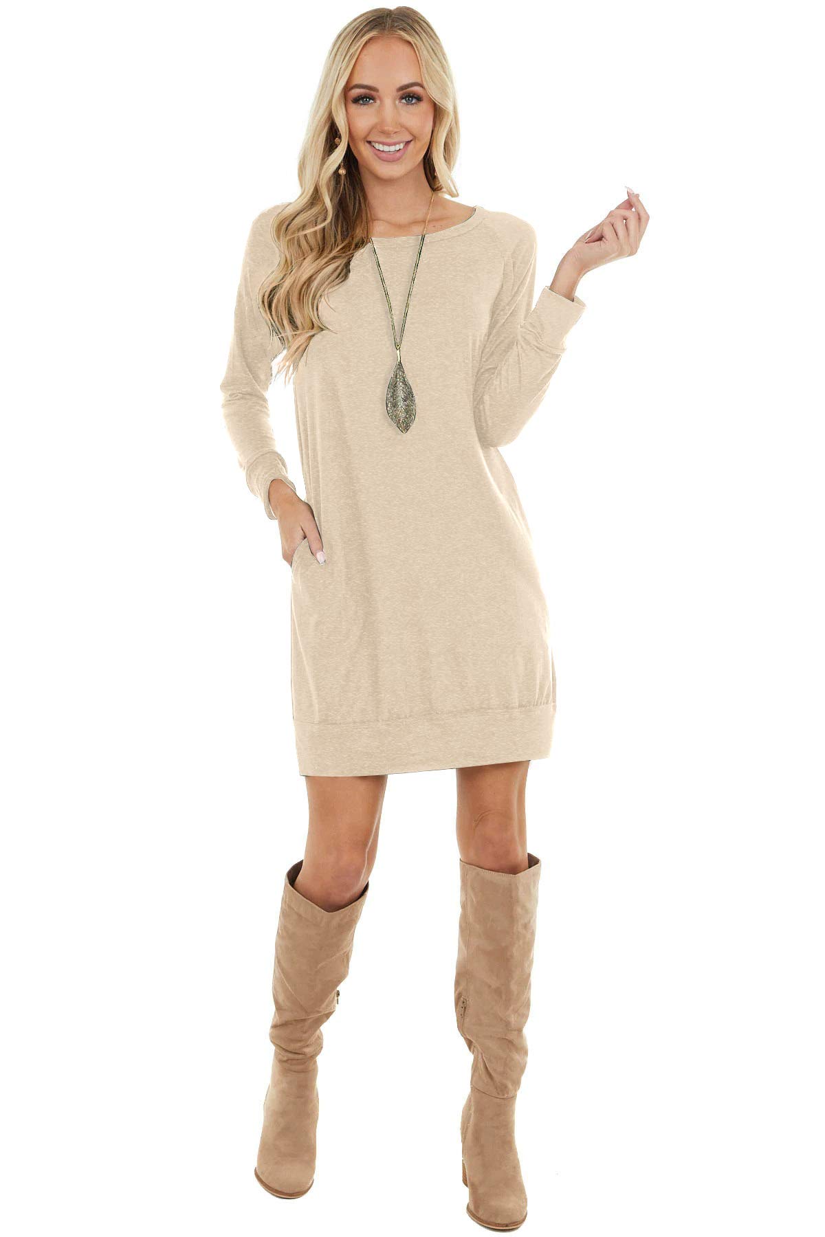 PrinStory Women's Long Sleeves Dresses Causal Loose Round-Neck Tuinc Tops Basic Dress with Side Pockets US Large FP VG-Beige