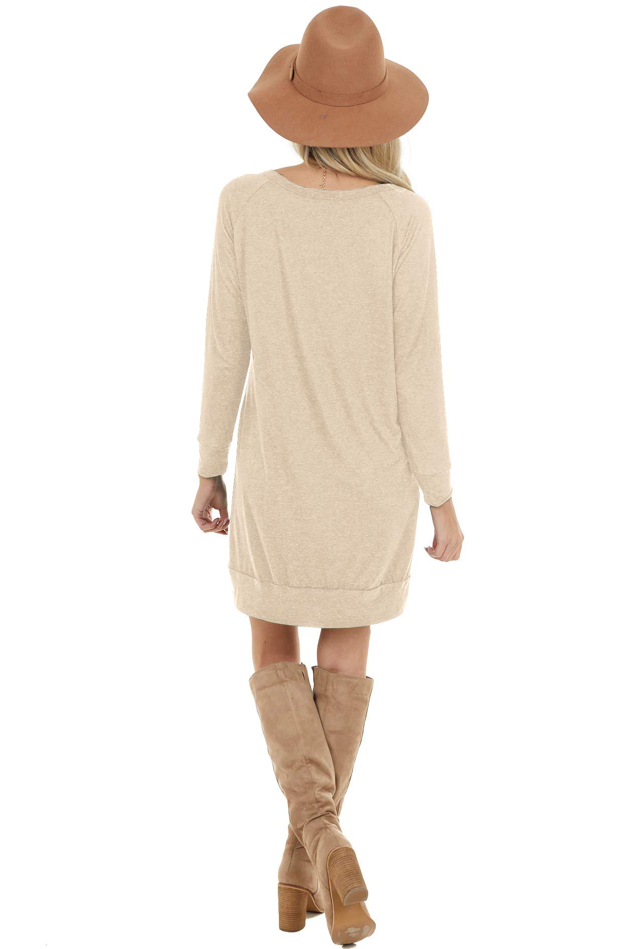 PrinStory Women's Long Sleeves Dresses Causal Loose Round-Neck Tuinc Tops Basic Dress with Side Pockets US Large FP VG-Beige