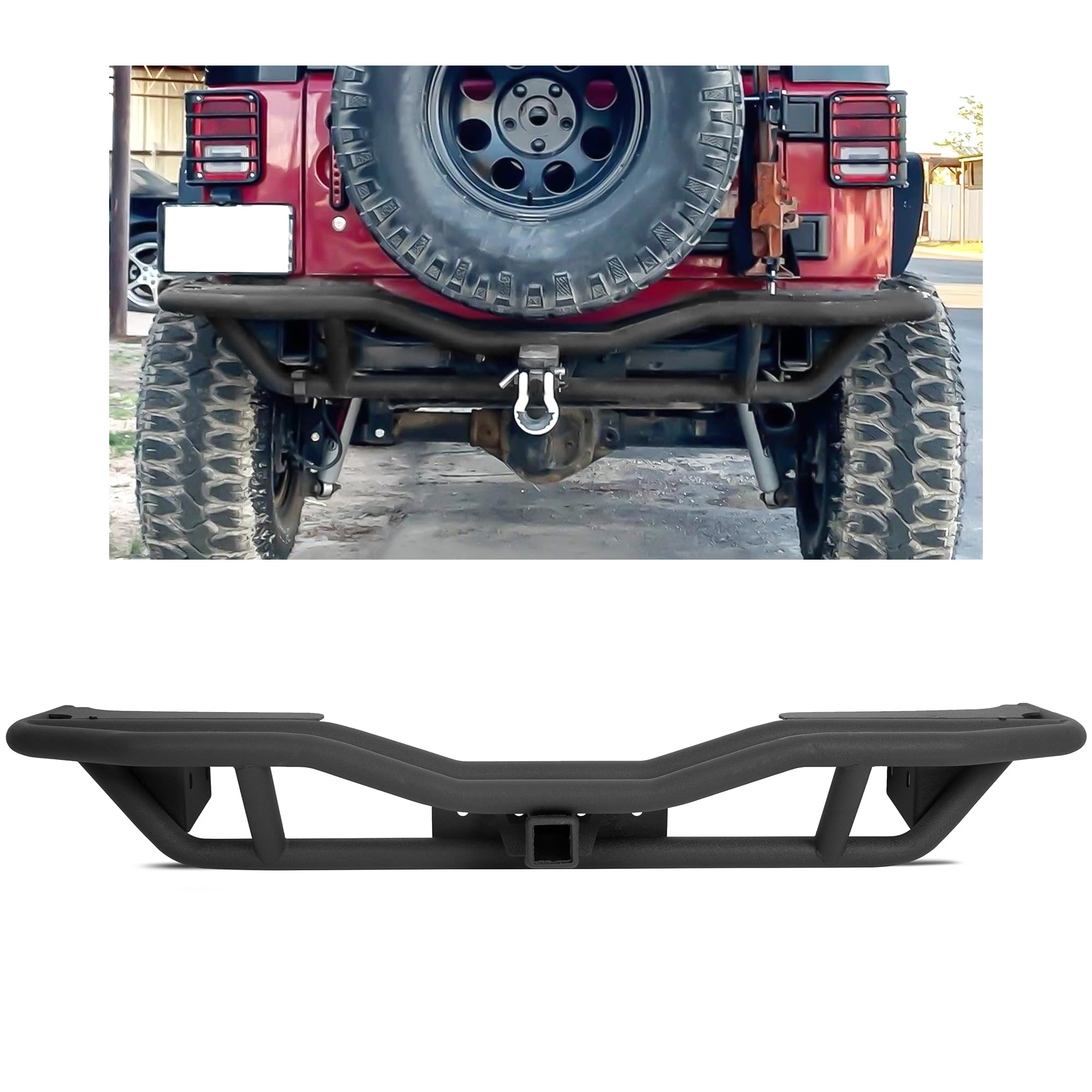 ECOTRIC Tubular Rear Bumper Compatible with 2007-2018 Jeep Wrangler JK W/ 2" Hitch Receiver Steel Rock Crawler Textured Black