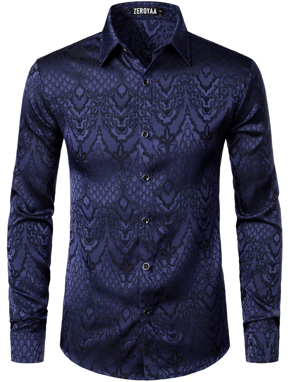 ZEROYAA Men's Hipster Slim Fit Long Sleeve Gothic Jacquard Button Up Dress Shirts for Party Prom ZLCL32-Navy XX-Large