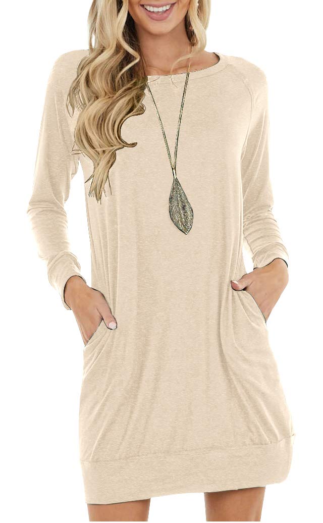 PrinStory Women's Long Sleeves Dresses Causal Loose Round-Neck Tuinc Tops Basic Dress with Side Pockets US Large FP VG-Beige