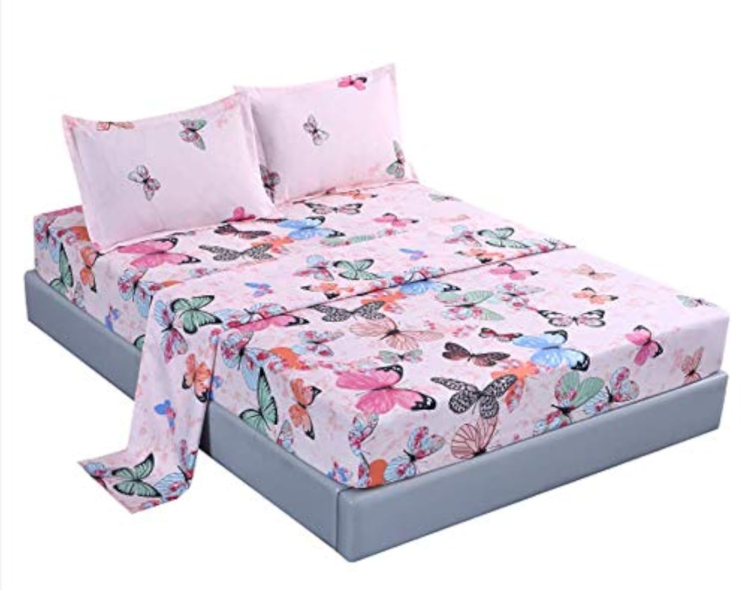 MAG 4PCS Full Size Butterfly Bedding Sheet Set, Home Microfiber Bed Sheet, with1 Top Flat & 1 Fitted Sheet with 2 Pillowcases, 14 Inches Deep, Full