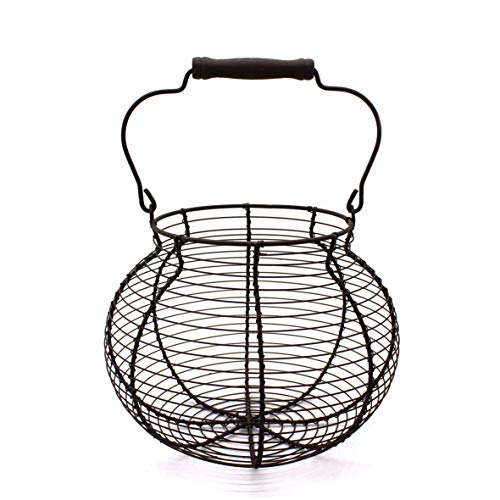 CVHOMEDECO. Antique Wire Egg Basket with Wood Handle Primitives Vintage Gathering Basket. Rusty
