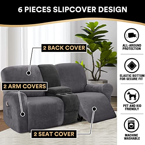 PrinceDeco 6-Pieces Recliner Loveseat Covers Velvet Stretch Recliner Couch Covers Sofa Covers for 2 Seat Dual Reclining Loveseat Couch 2 seat Love seat Recliner Cover, Thick, Soft, Washable, Grey