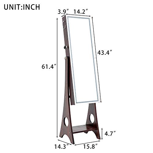 Knocbel LED Jewelry Cabinet Full Body Mirror Lockable Jewelry Armoire Standing Angel Adjustable Storage Organizer Box with Inner Mirror & 2 Drawers, 15.75" L x 14.96" W x 61.42" H (Brown)