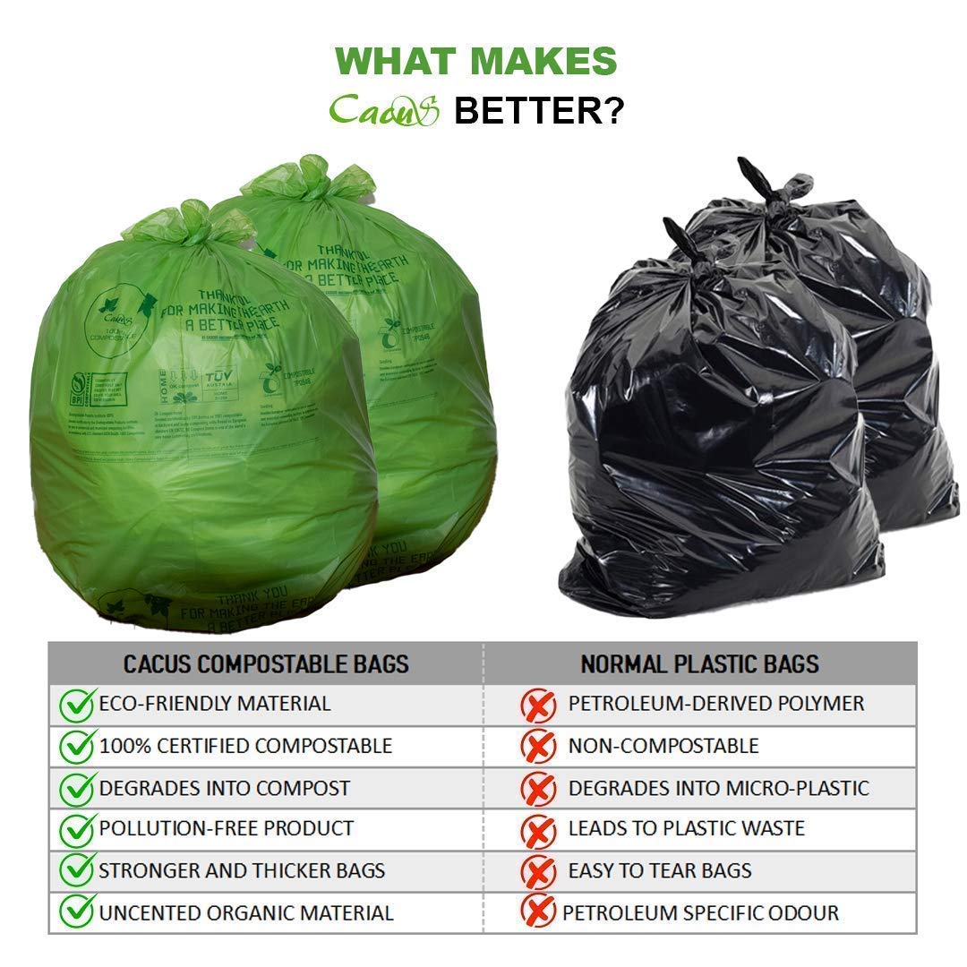 Cacus 100% Compostable Trash Bags, 13 Gallon/49.2L, 80 Count, Heavy Duty 0.90 Mils Thickness, Tall Kitchen Trash Bags, Food Waste Bags, US BPI ASTM D6400 and Europe OK Compost Home Certified