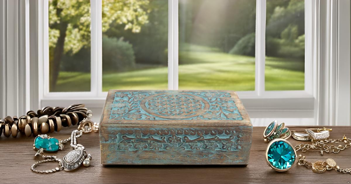 Great Birthday Gift Ideas Handmade Decorative Wooden Jewelry Box Jewelry Organizer Keepsake Box Treasure Chest Trinket Holder Watch Box Storage Lock Box Housewarming Gift Ideas Men Women (Blue)