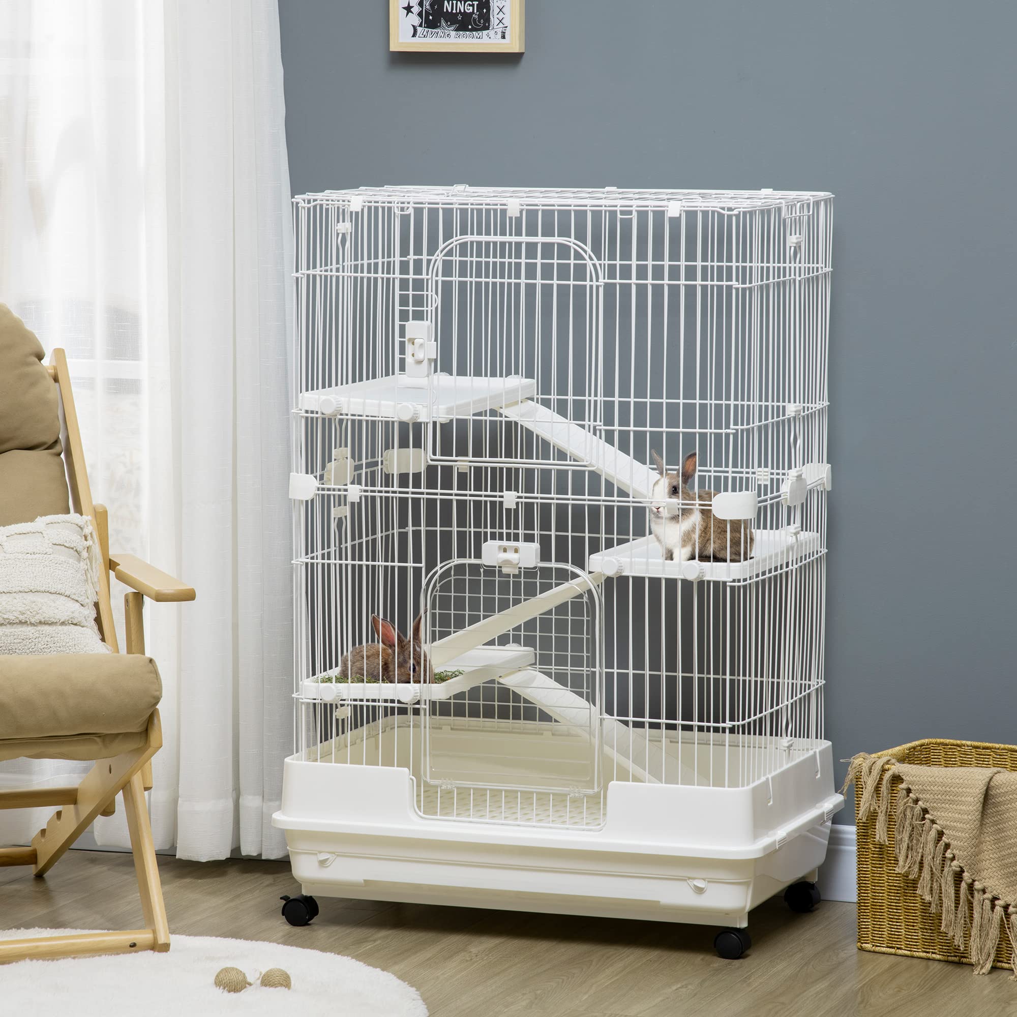 PawHut 4-Level Small Animal Cage Rabbit Hutch with Wheels, Removable Tray, Platform and Ramp for Bunny, Chinchillas, Ferret, White