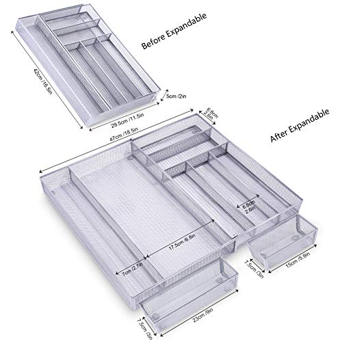 WuGeShop Expandable Kitchen Drawer Organizer, Large Silverware Organizer, Adjustable Mesh Utensils Cutlery Tray with Anti-slip Mat (7+2 Compartment, Silver)