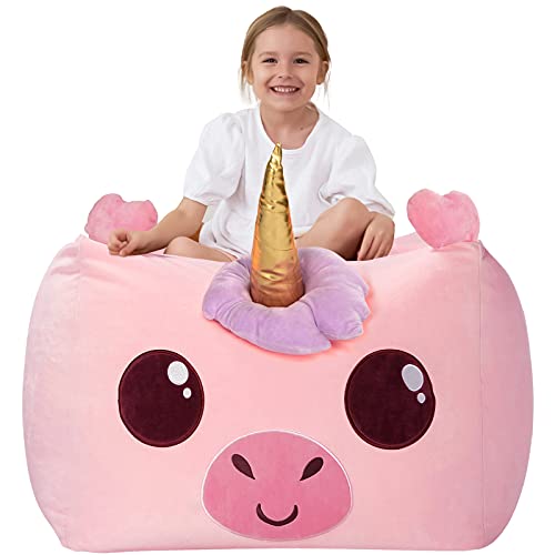 Aubliss Unicorn Stuffed Animal Storage Bean Bag Chair for Kids, Velvet Extra Soft Beanbag Chairs Cover, X-Large Stuffable Zipper Bean Bag for Organizing Plush Toys Girls Bedroom Decor, Pink