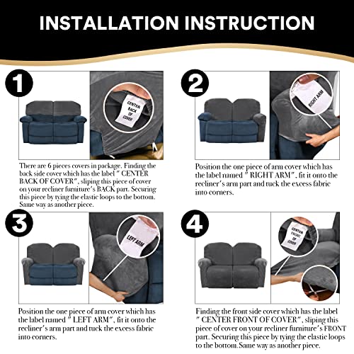 PrinceDeco 6-Pieces Recliner Loveseat Covers Velvet Stretch Recliner Couch Covers Sofa Covers for 2 Seat Dual Reclining Loveseat Couch 2 seat Love seat Recliner Cover, Thick, Soft, Washable, Grey