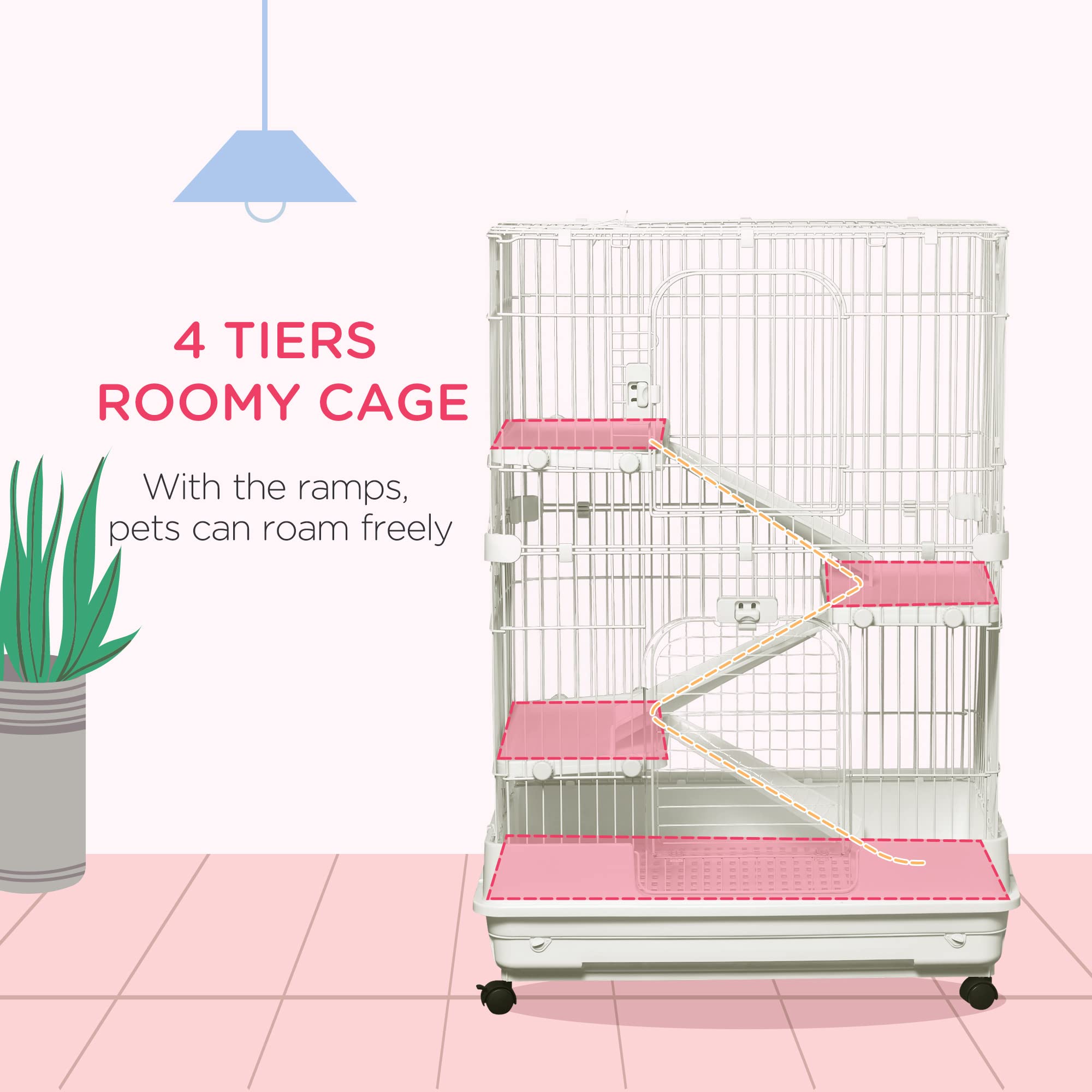 PawHut 4-Level Small Animal Cage Rabbit Hutch with Wheels, Removable Tray, Platform and Ramp for Bunny, Chinchillas, Ferret, White