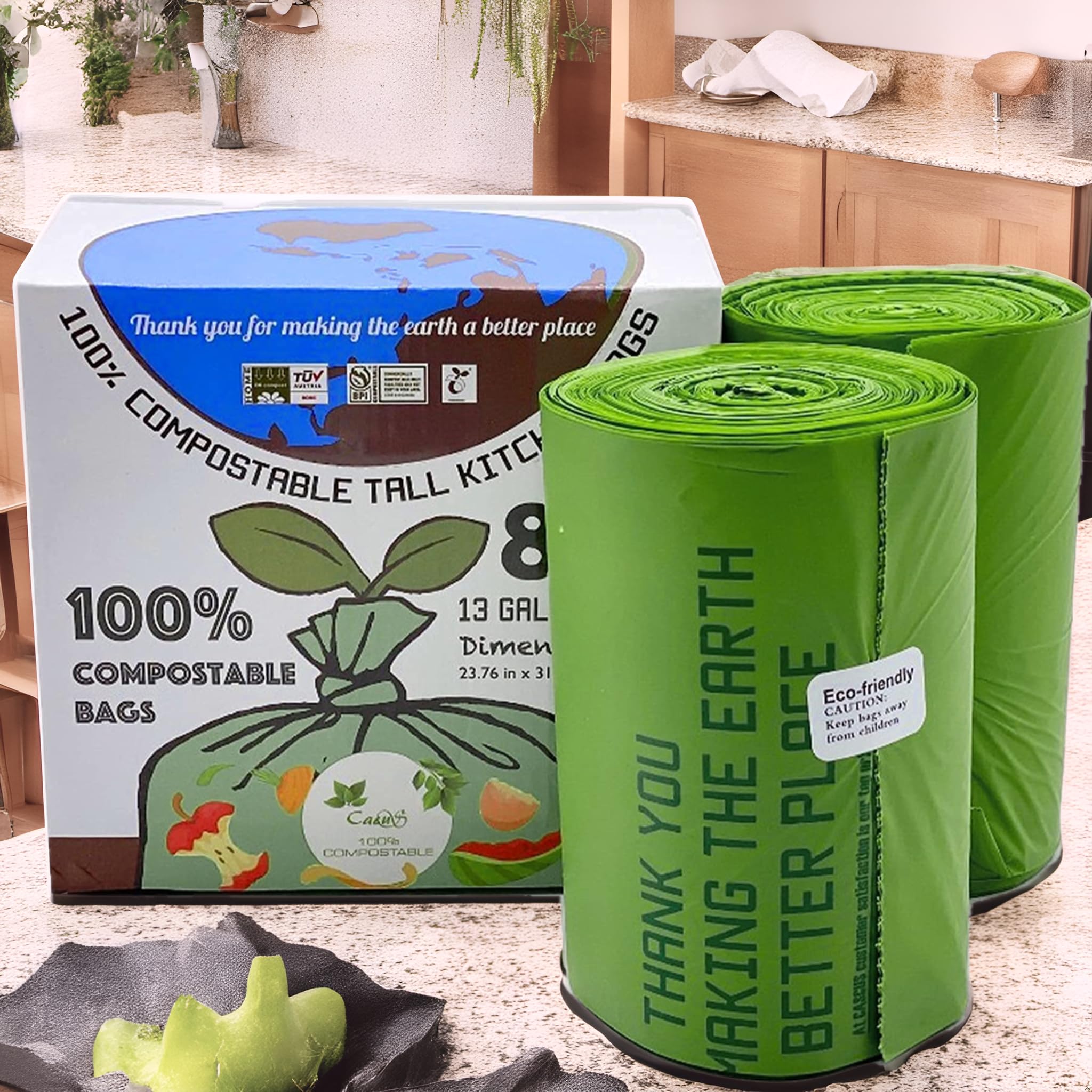 Cacus 100% Compostable Trash Bags, 13 Gallon/49.2L, 80 Count, Heavy Duty 0.90 Mils Thickness, Tall Kitchen Trash Bags, Food Waste Bags, US BPI ASTM D6400 and Europe OK Compost Home Certified