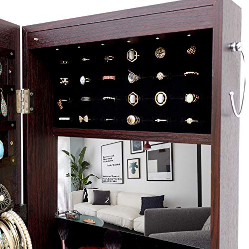 Knocbel LED Jewelry Cabinet Full Body Mirror Lockable Jewelry Armoire Standing Angel Adjustable Storage Organizer Box with Inner Mirror & 2 Drawers, 15.75" L x 14.96" W x 61.42" H (Brown)