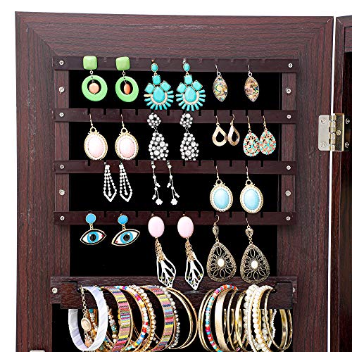 Knocbel LED Jewelry Cabinet Full Body Mirror Lockable Jewelry Armoire Standing Angel Adjustable Storage Organizer Box with Inner Mirror & 2 Drawers, 15.75" L x 14.96" W x 61.42" H (Brown)