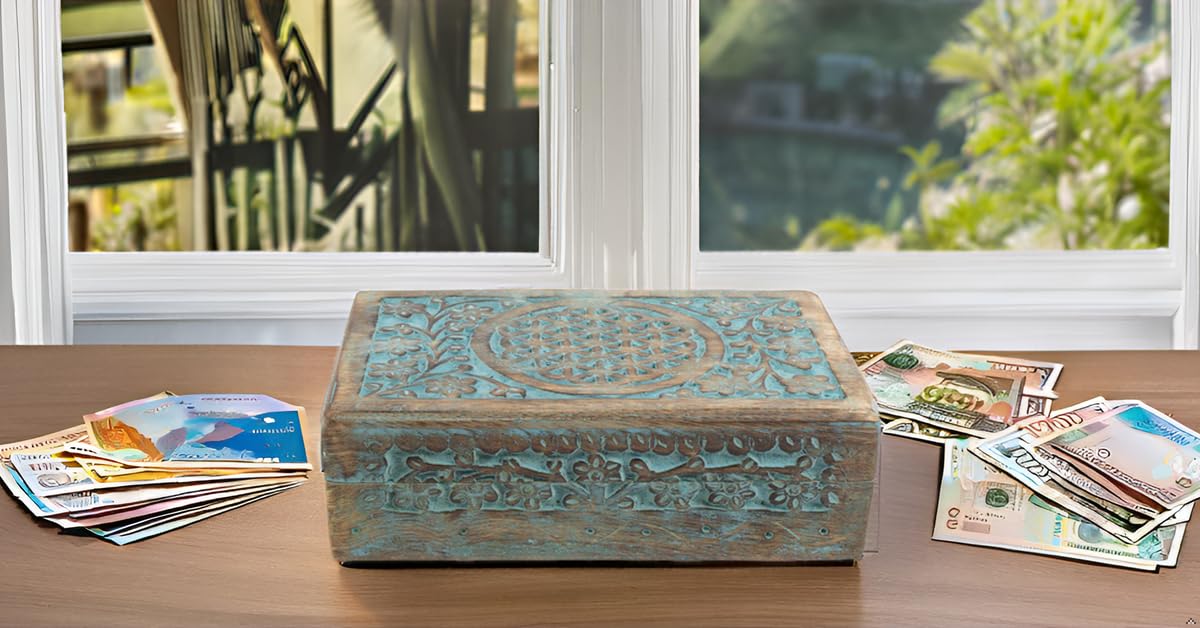 Great Birthday Gift Ideas Handmade Decorative Wooden Jewelry Box Jewelry Organizer Keepsake Box Treasure Chest Trinket Holder Watch Box Storage Lock Box Housewarming Gift Ideas Men Women (Blue)