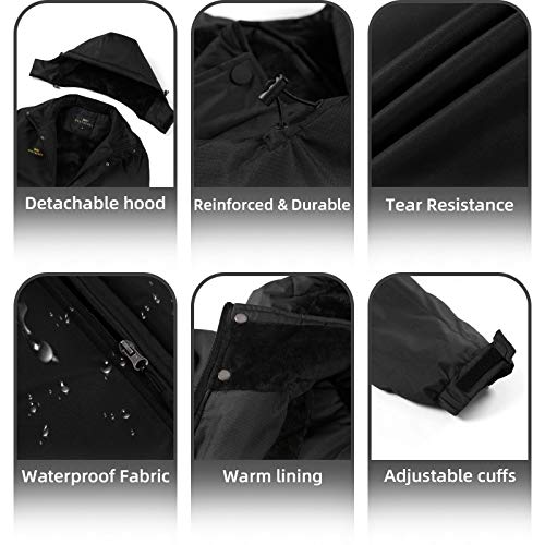 WHATWEARS Men's Winter Coats Waterproof Ski Jacket for Men Snow Coat Windproof Mountain Jackets with Hooded, Black, L