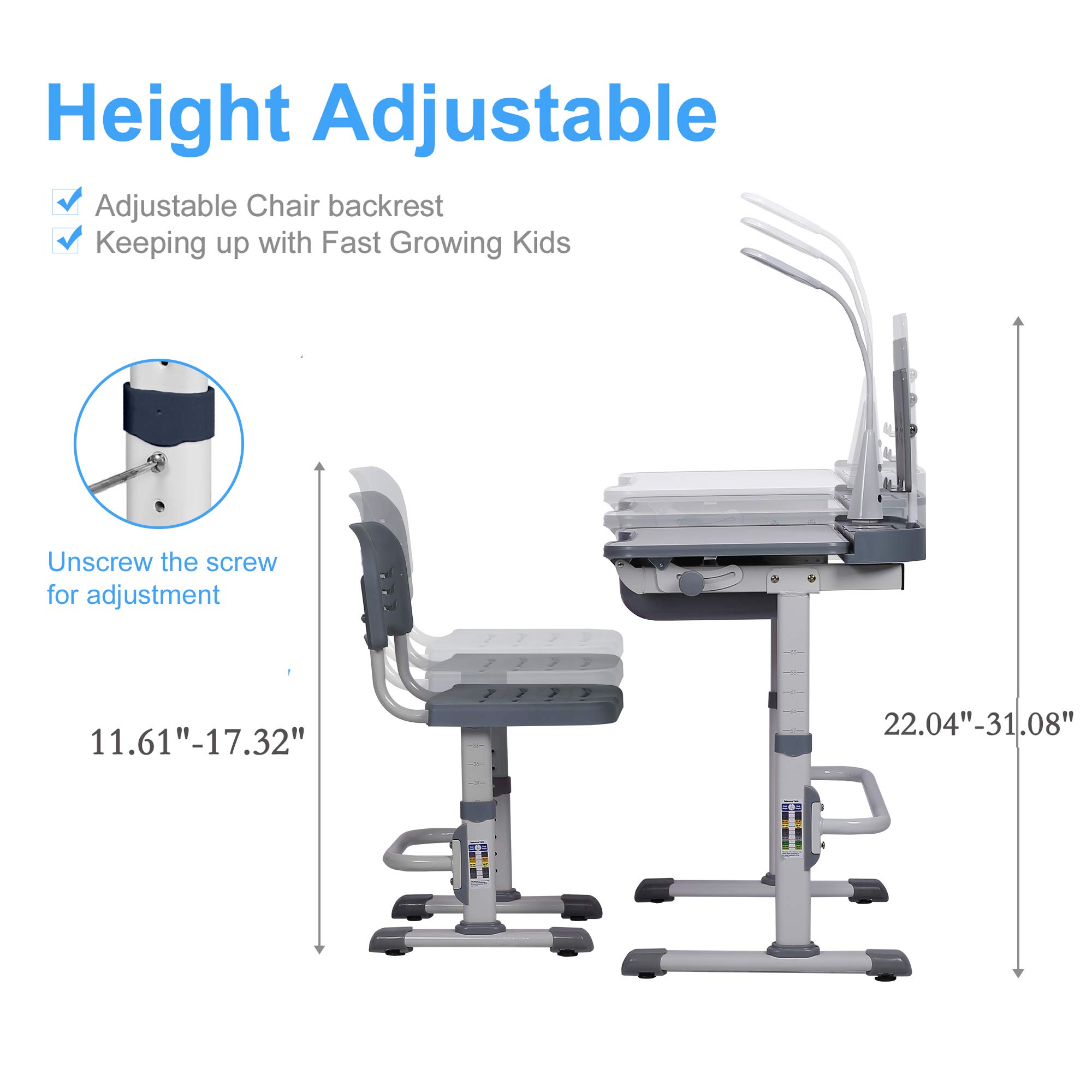SMAGREHO Kids' Desk and Chair Set, Height Adjustable Child's School Study Writing Tables with Tilt Desktop, LED Light, Storage Drawer, Book Stand(Grey)