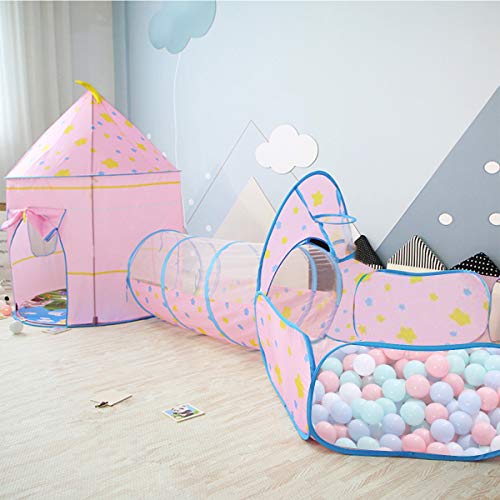 Kids Play Tent 3 Pieces, Pop Up Play Tents with Crawl Tunnel & Ball Pit with Basketball for Kids, Boys, Girls, Babies and Toddlers, Indoor/Outdoor Playhouse, Best Gift for 18 Months-8 Year Old, Pink