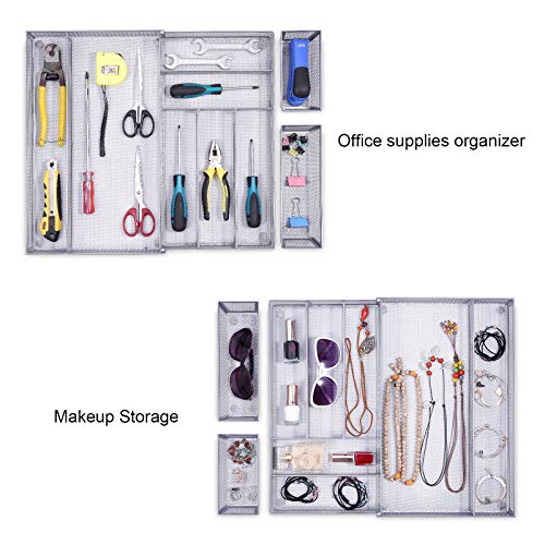 WuGeShop Expandable Kitchen Drawer Organizer, Large Silverware Organizer, Adjustable Mesh Utensils Cutlery Tray with Anti-slip Mat (7+2 Compartment, Silver)