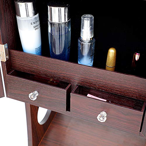 Knocbel LED Jewelry Cabinet Full Body Mirror Lockable Jewelry Armoire Standing Angel Adjustable Storage Organizer Box with Inner Mirror & 2 Drawers, 15.75" L x 14.96" W x 61.42" H (Brown)