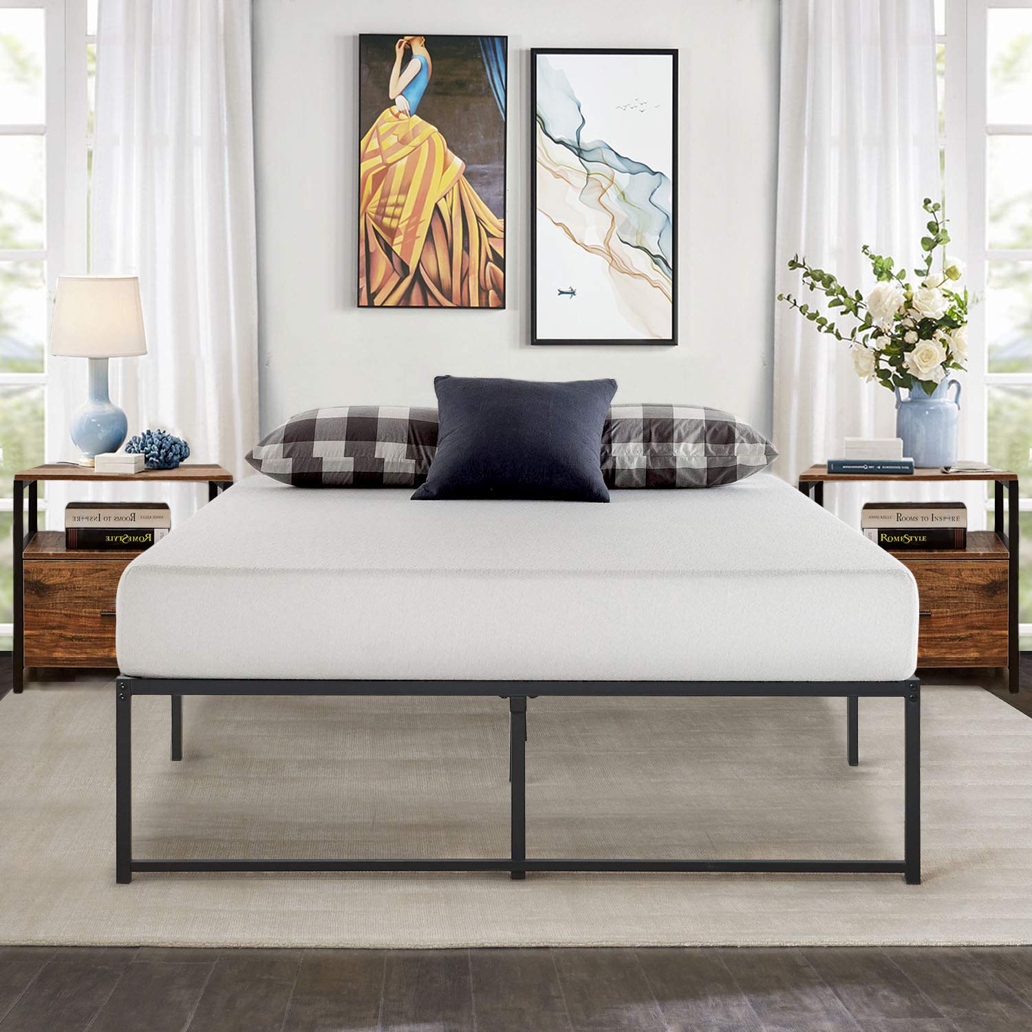 VECELO 14 Inch Bed Frame/No Box Spring Needed/Mattress Foundation/Steel Slat Support Black (Full), Metal Platform A